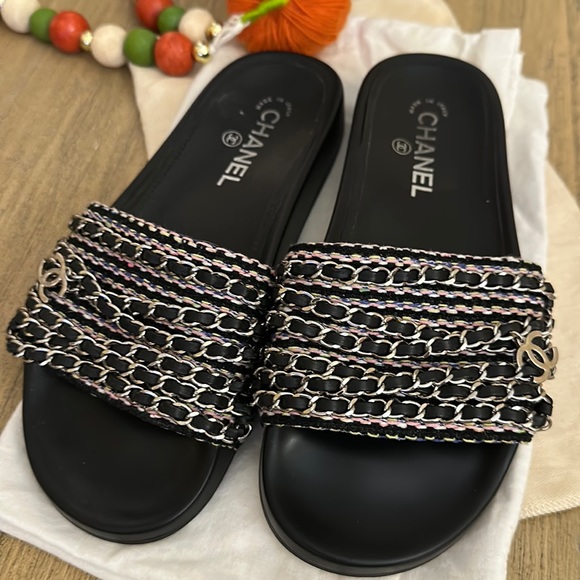 CHANEL | Shoes | Chanel Slides Bkyellpinkpurple Cc Logo Chainlink ...